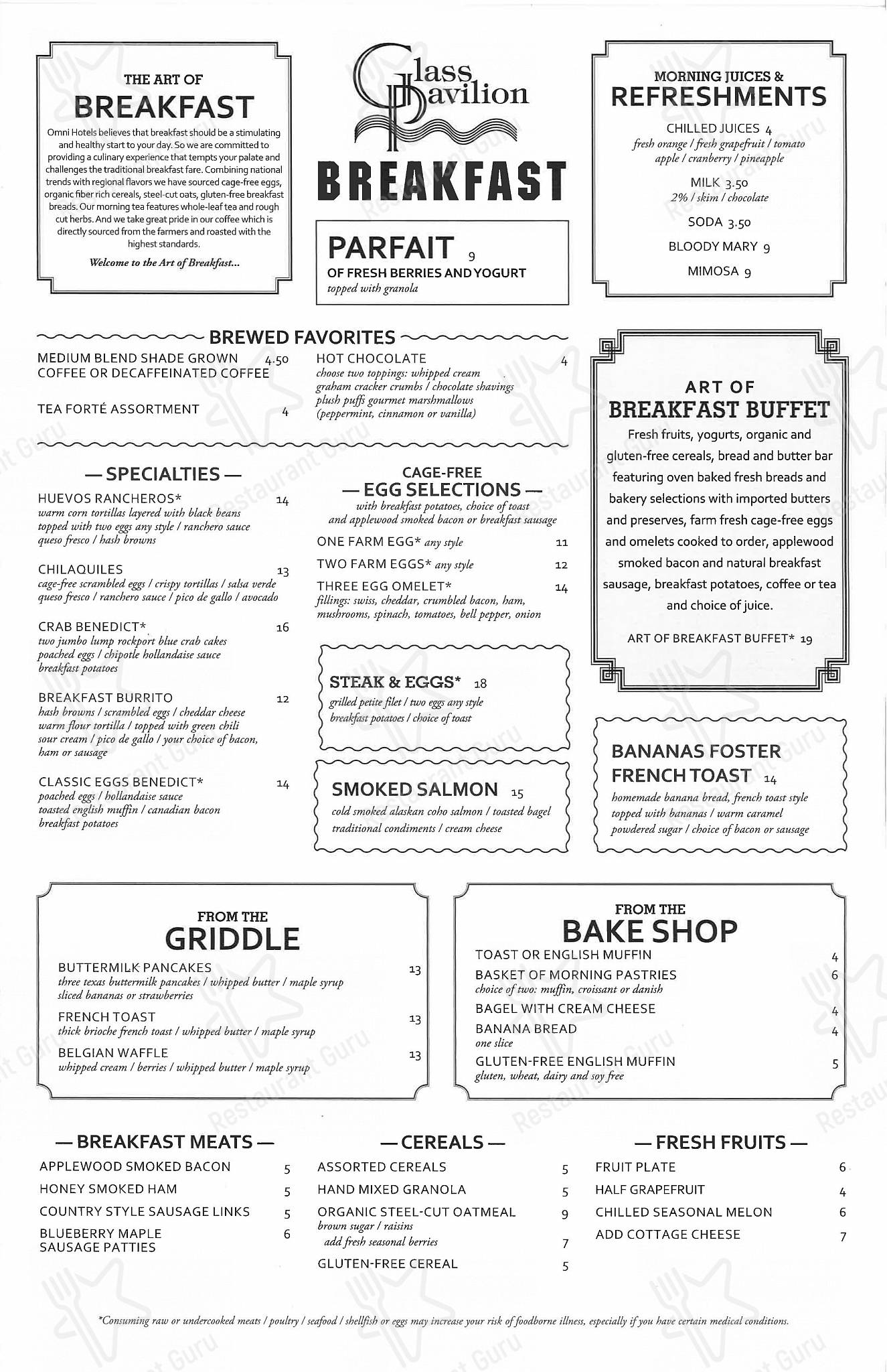 Menu at Glass Pavilion Restaurant, Corpus Christi