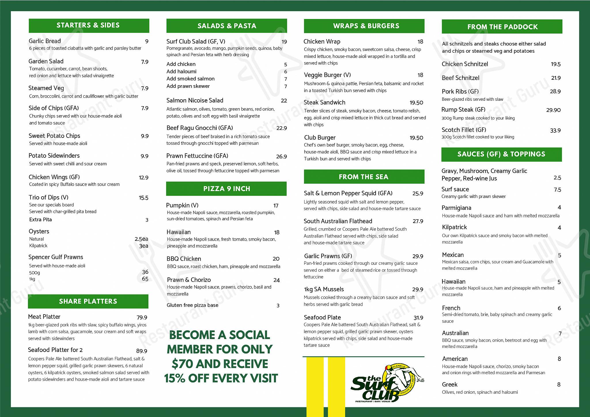 Menu at Glenelg Surf Life Saving Club, Glenelg