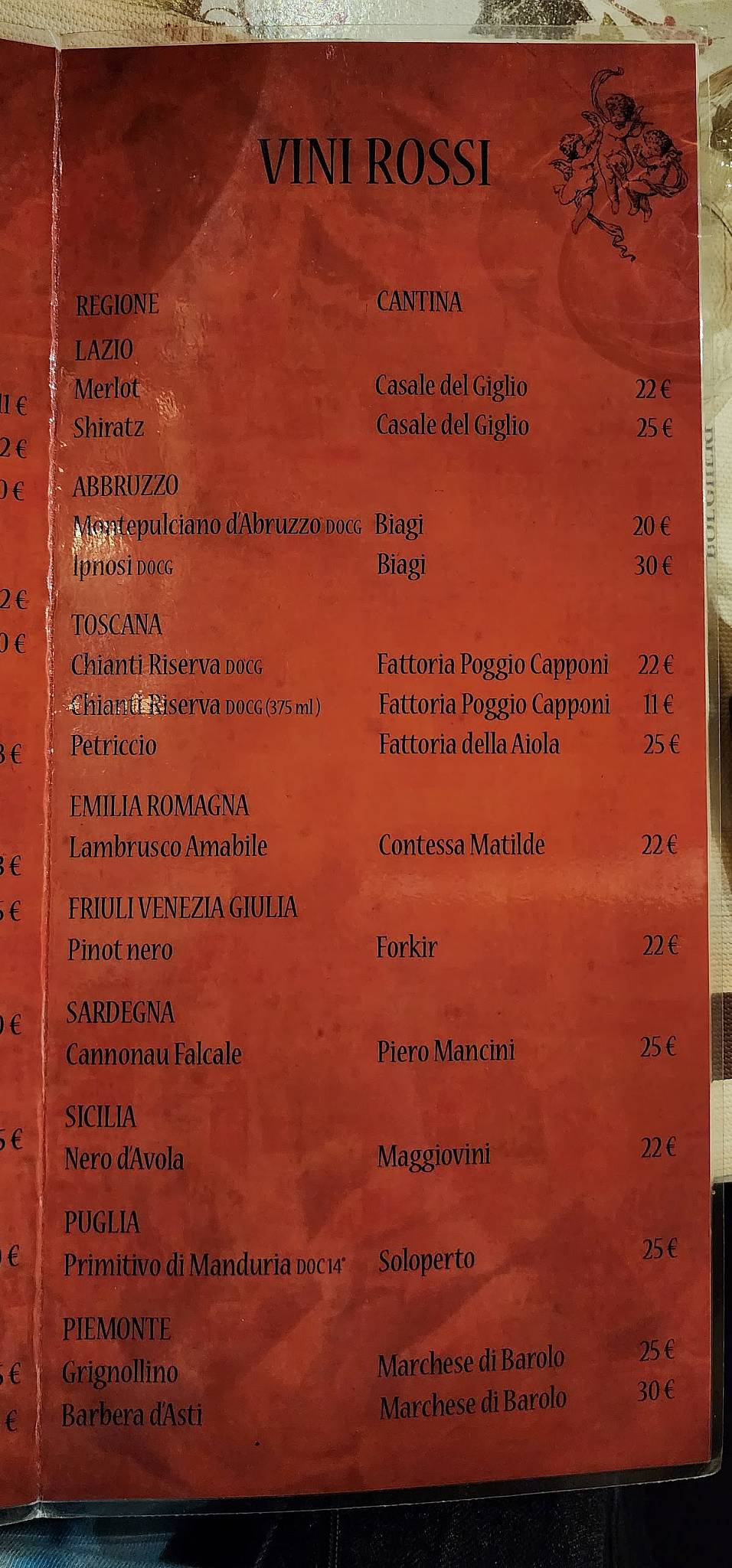 Menu at Gli Angeletti restaurant, Rome, Via dell'Angeletto