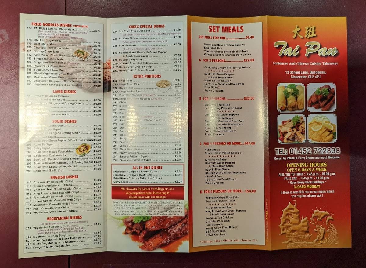 Menu at Taipan Chinese Takeaway fast food, Gloucester
