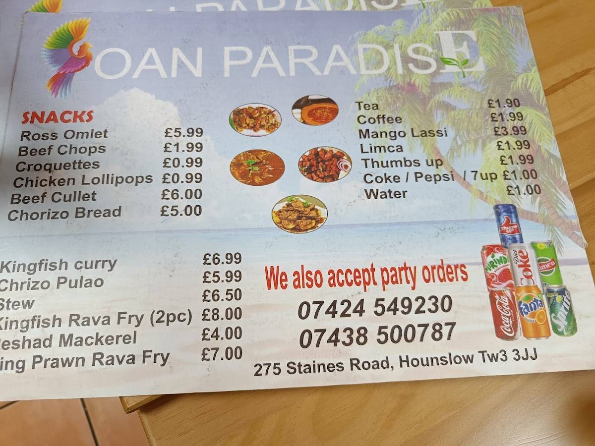 Menu at Goan Paradise restaurant, Hounslow