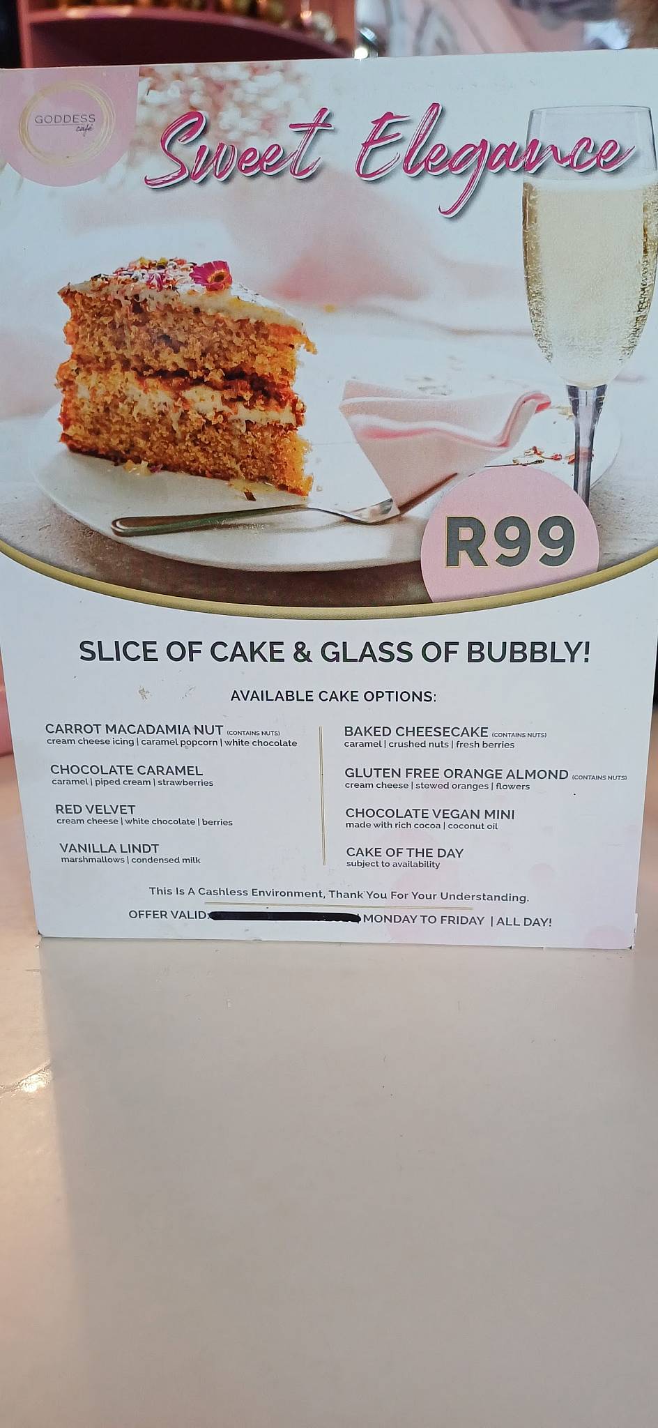 Menu at Goddess Cafe Waterkloof, Pretoria