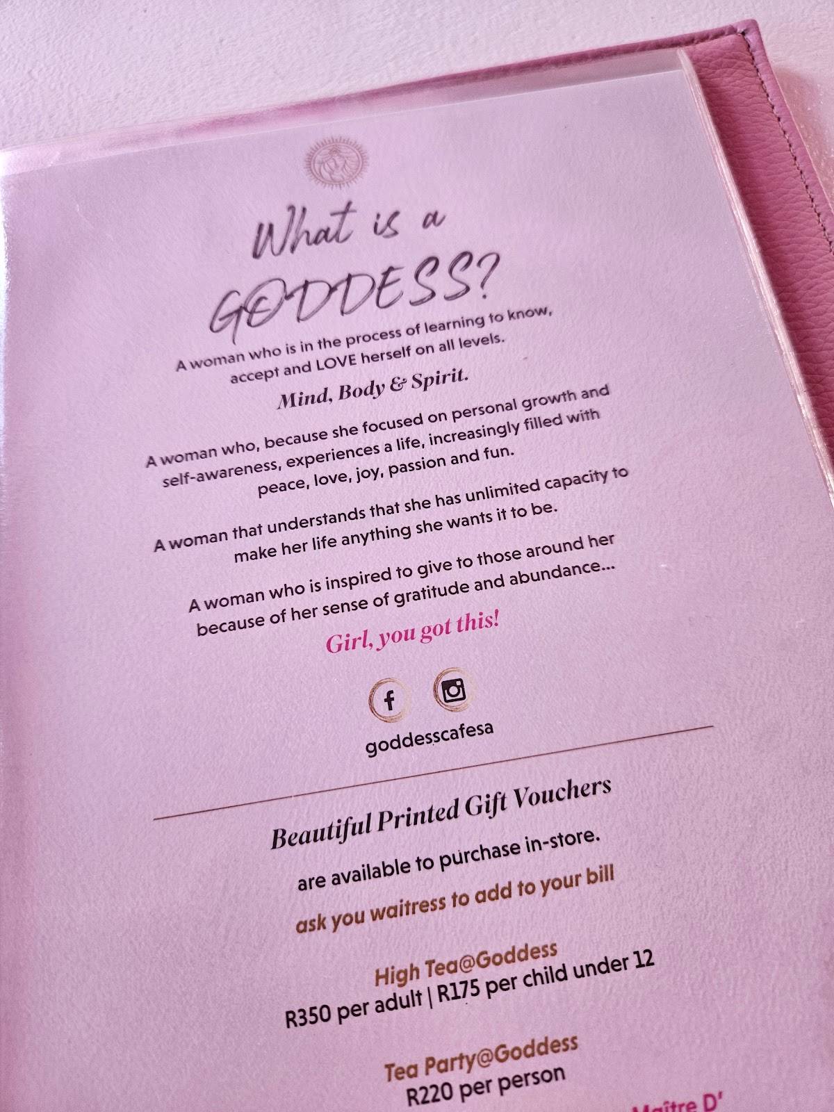 Menu at Goddess Cafe Waterkloof, Pretoria