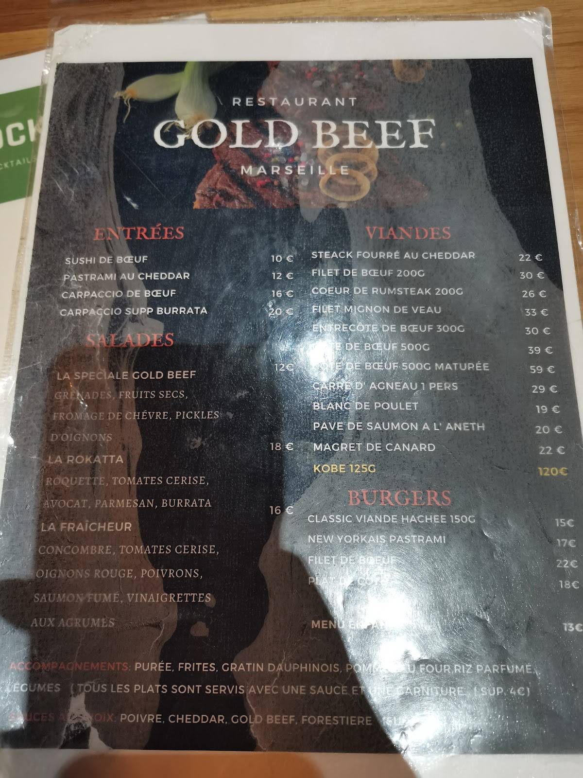 Menu au Gold Beef restaurant, Marseille