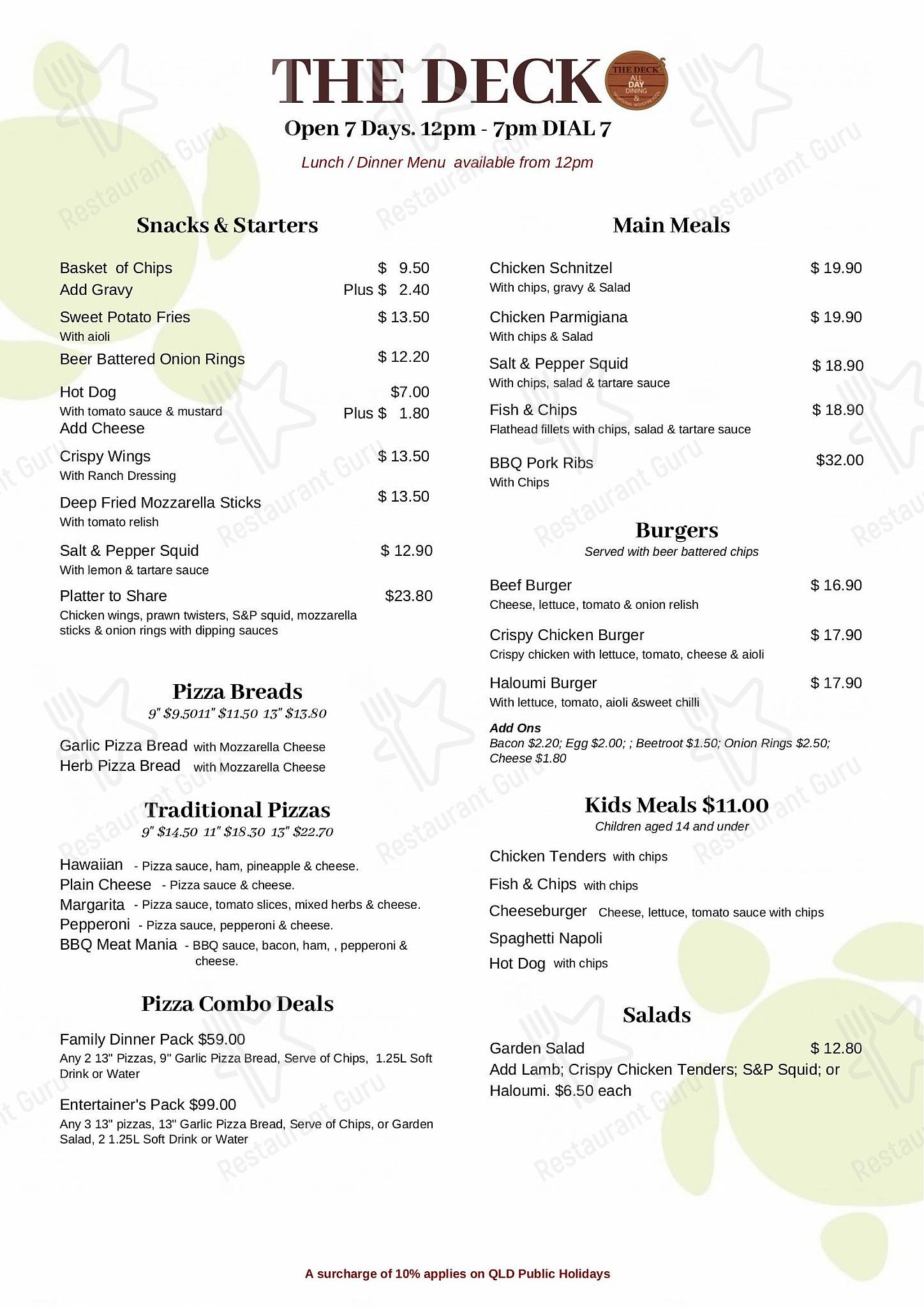 Menu at The Deck restaurant, Mermaid Beach