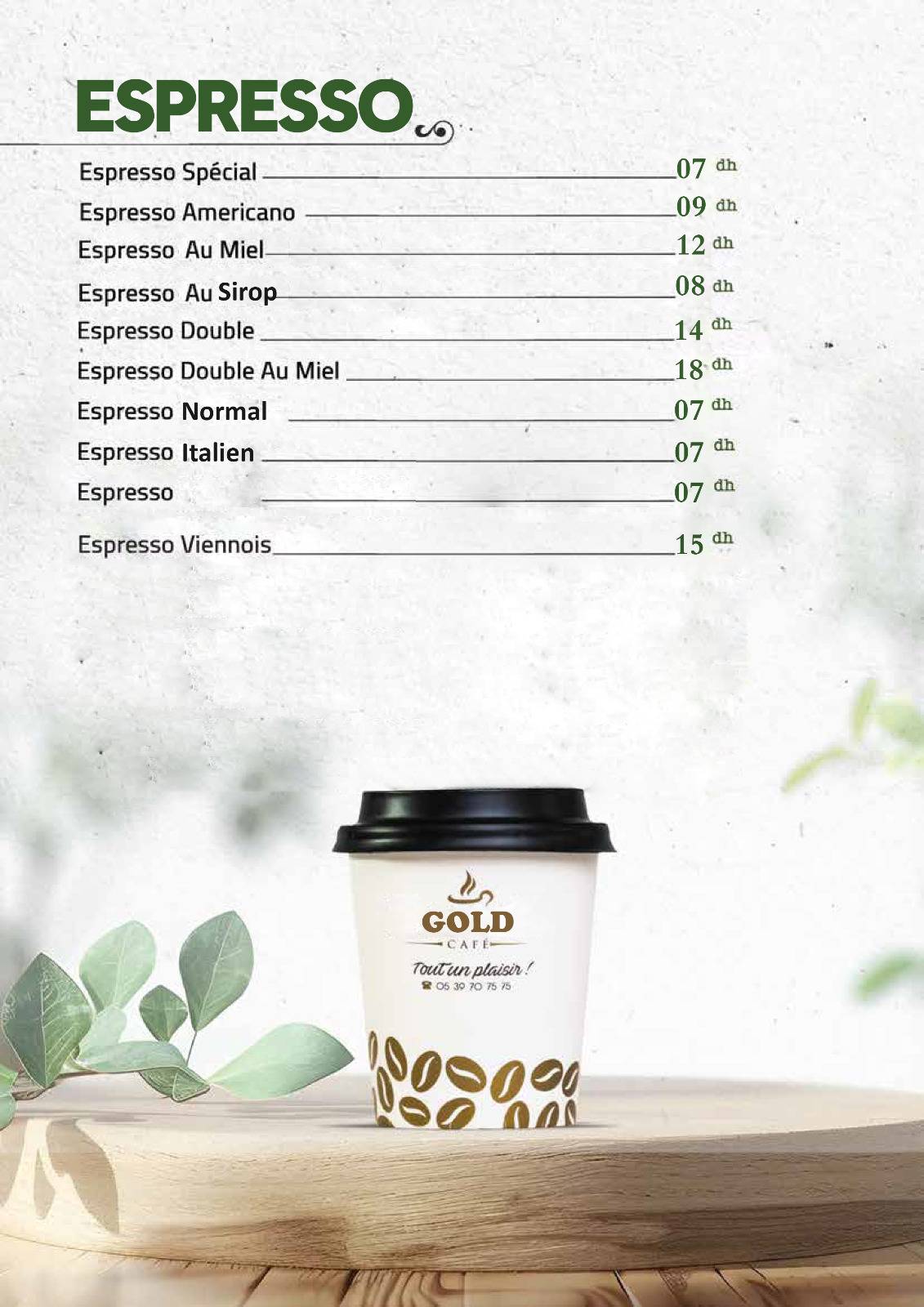 Menu au Gold Coffee Shop, Guelmim