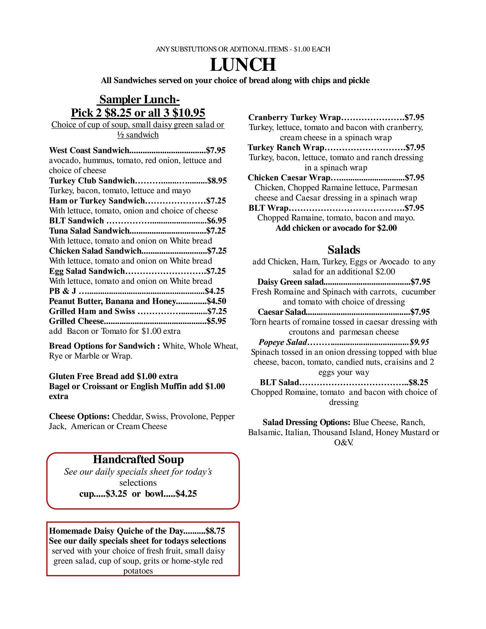 Menu at Golden Daisy Cafe, Sarasota