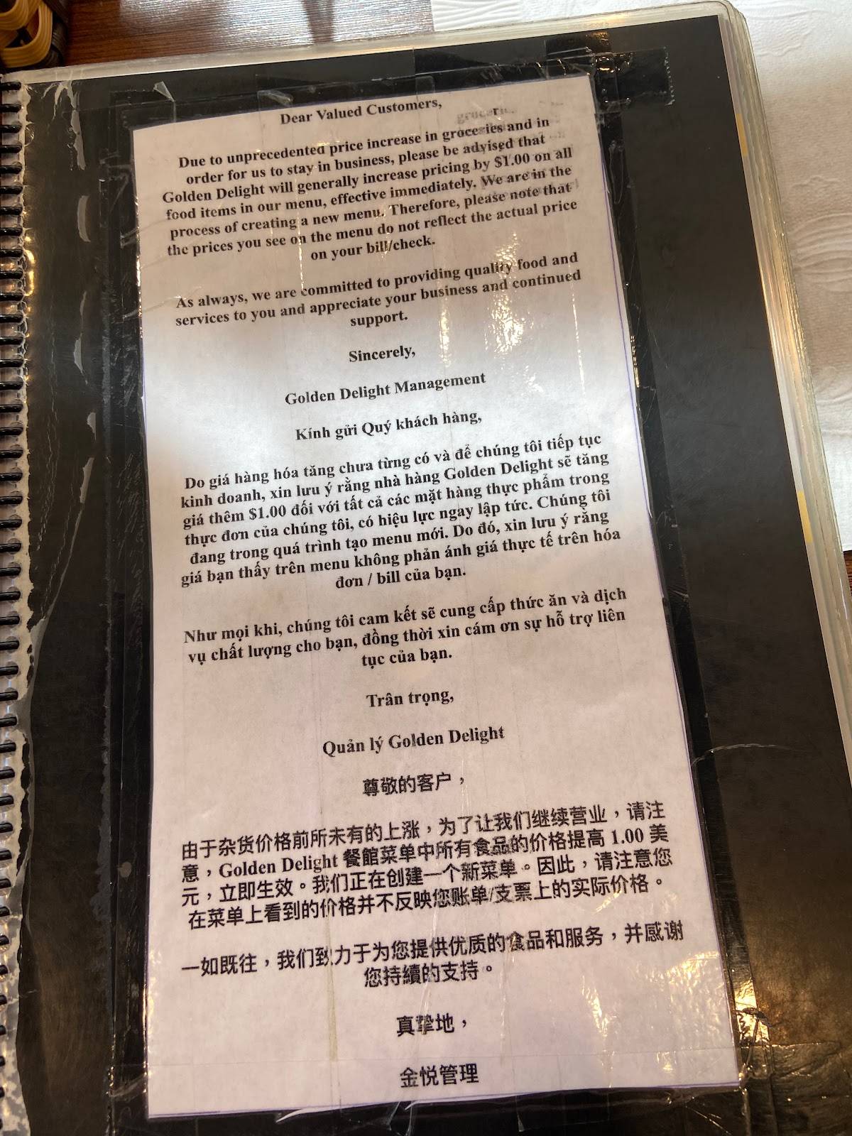 Menu at Golden Delight restaurant, Rosemead