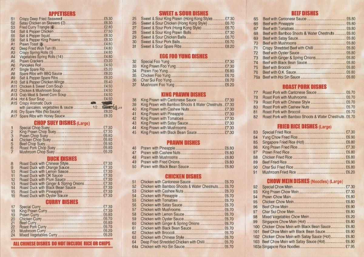 Menu at Golden Dragon fast food, Scunthorpe, 1 Haig Ave