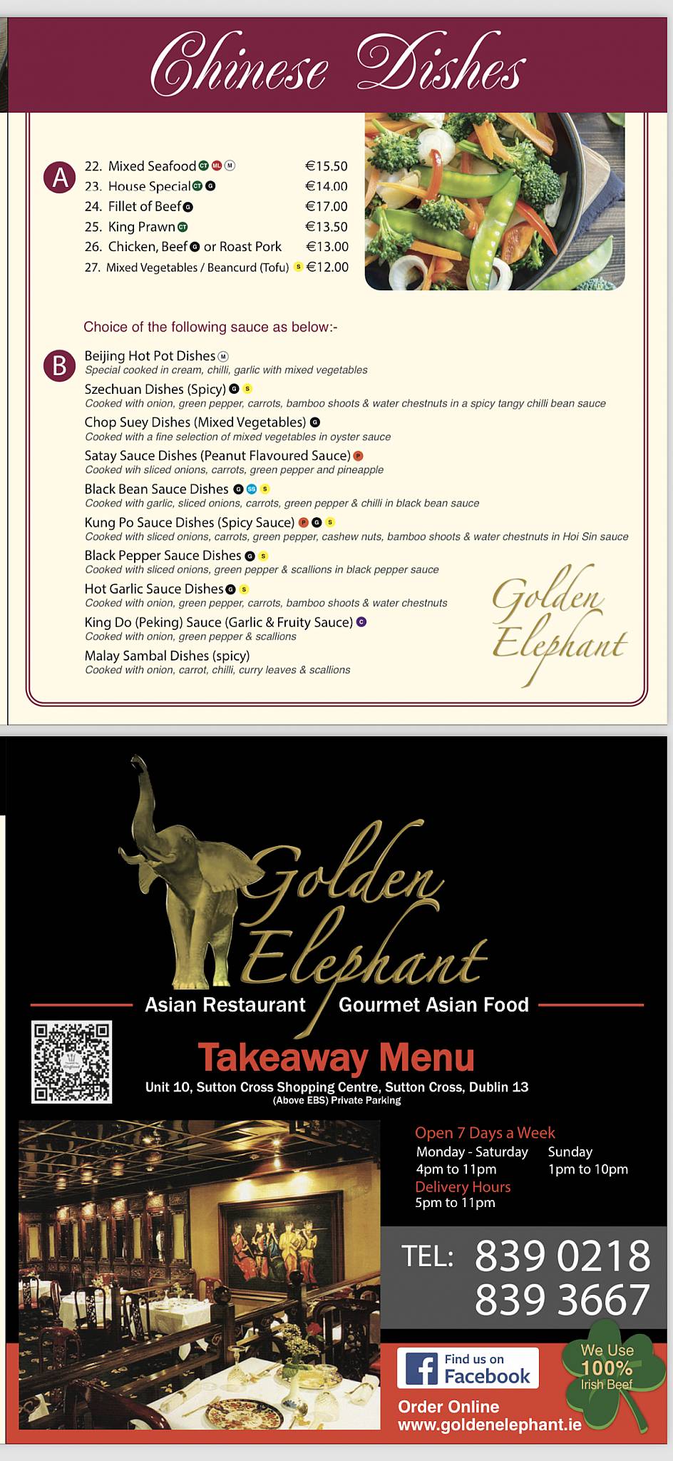 Menu at Golden Elephant Asian Restaurant, Ireland, Sutton Cross ...