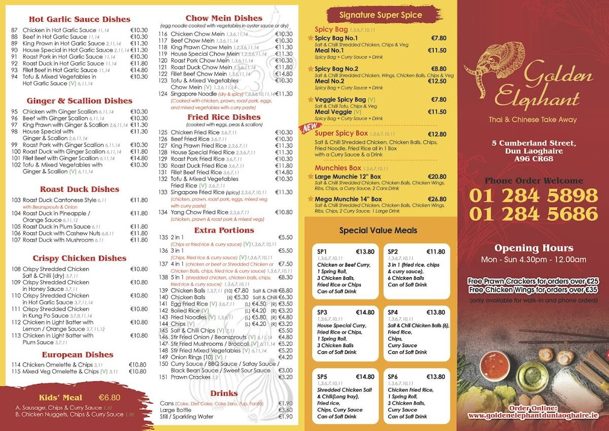Menu at Golden Elephant Chinese Takeaway restaurant, Dublin, 5 ...