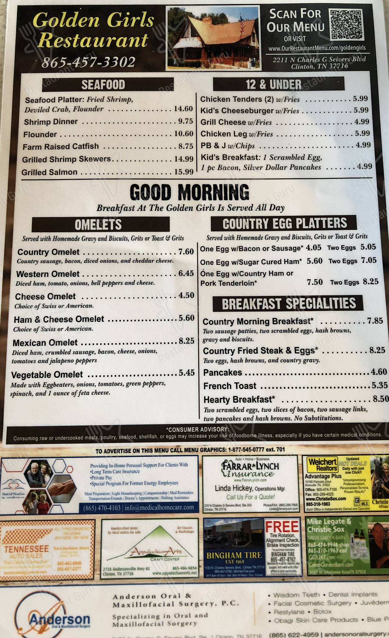 Menu at Golden Girls Restaurant, Clinton