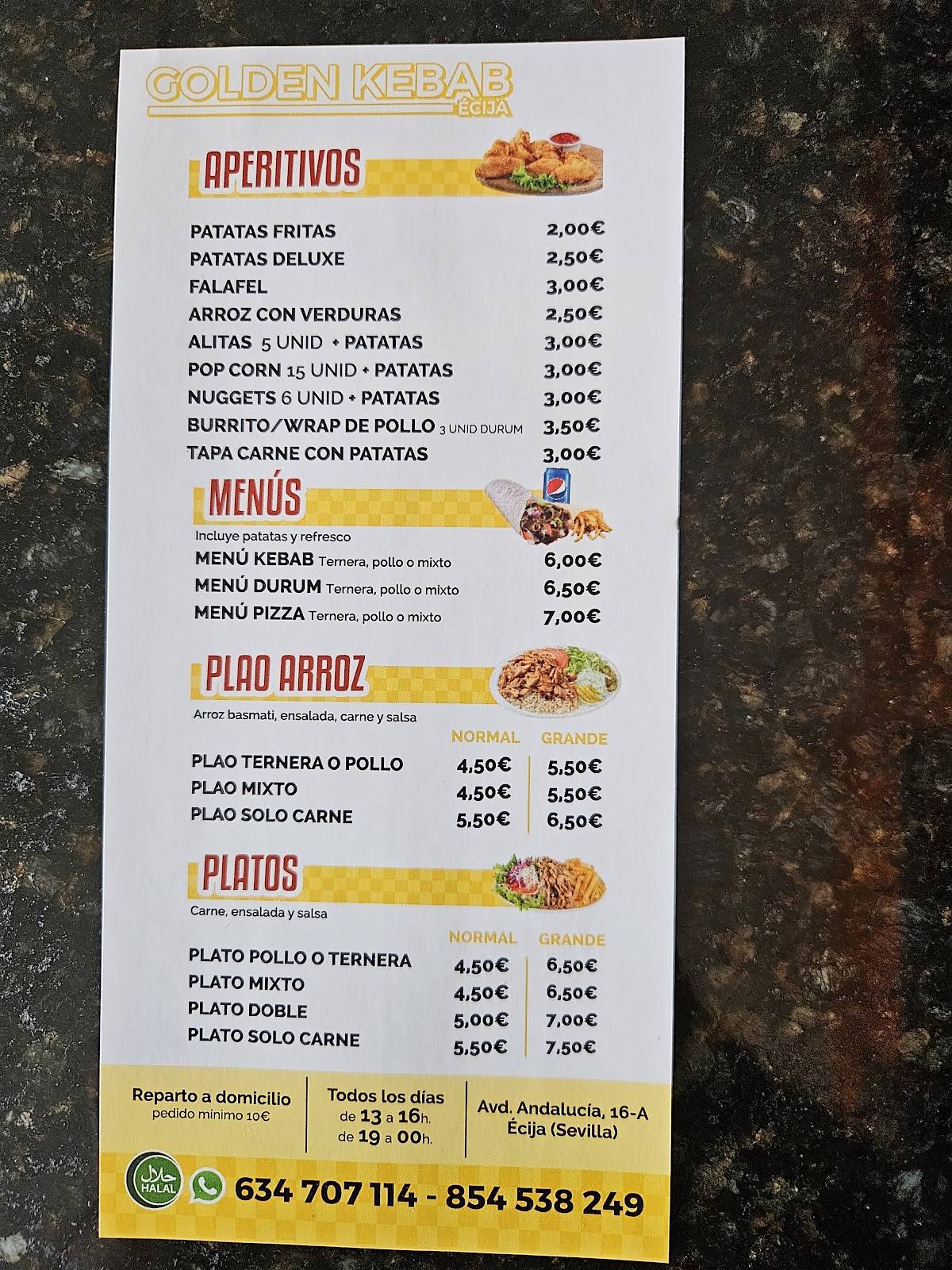 Carta del restaurante Golden Kebab Écija, Écija