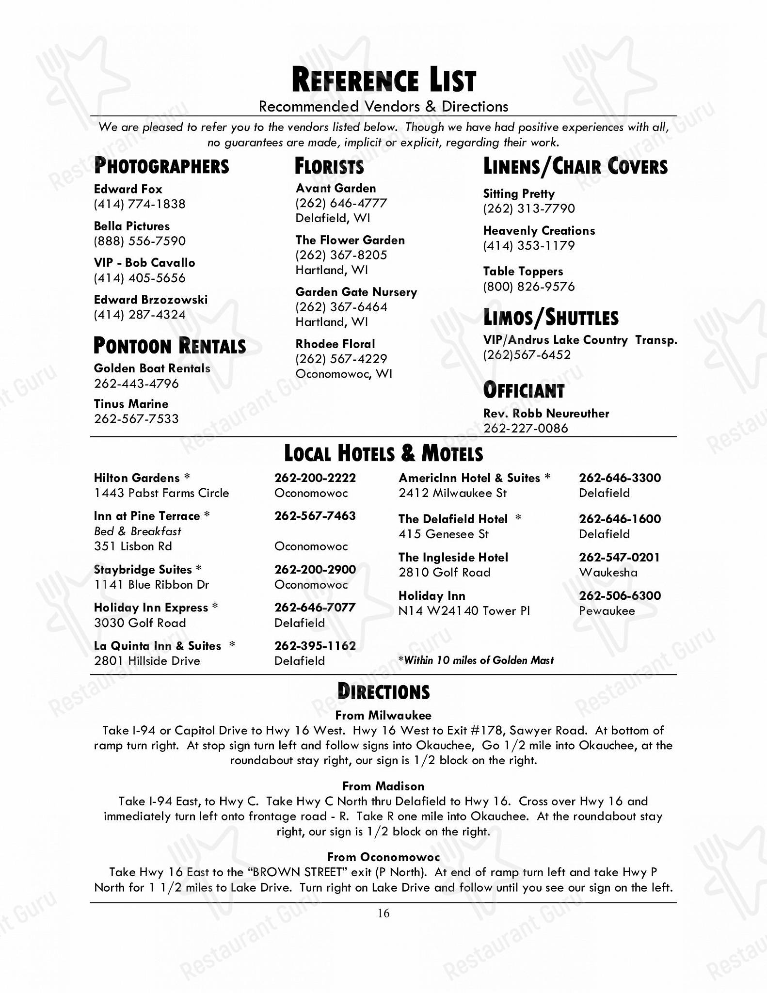 Menu at Weissgerber's Golden Mast Inn restaurant, Okauchee Lake, 5293 ...