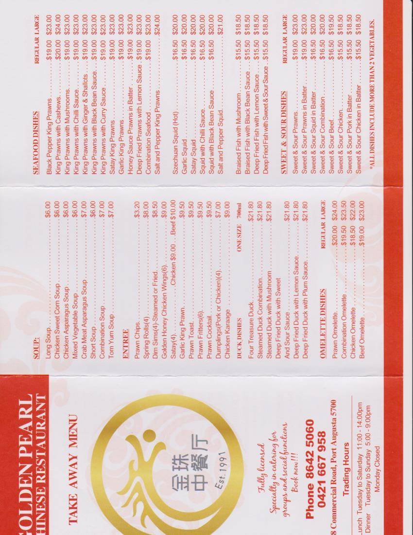 Menu at Golden Pearl Chinese Restaurant and Takeaway, Port Augusta