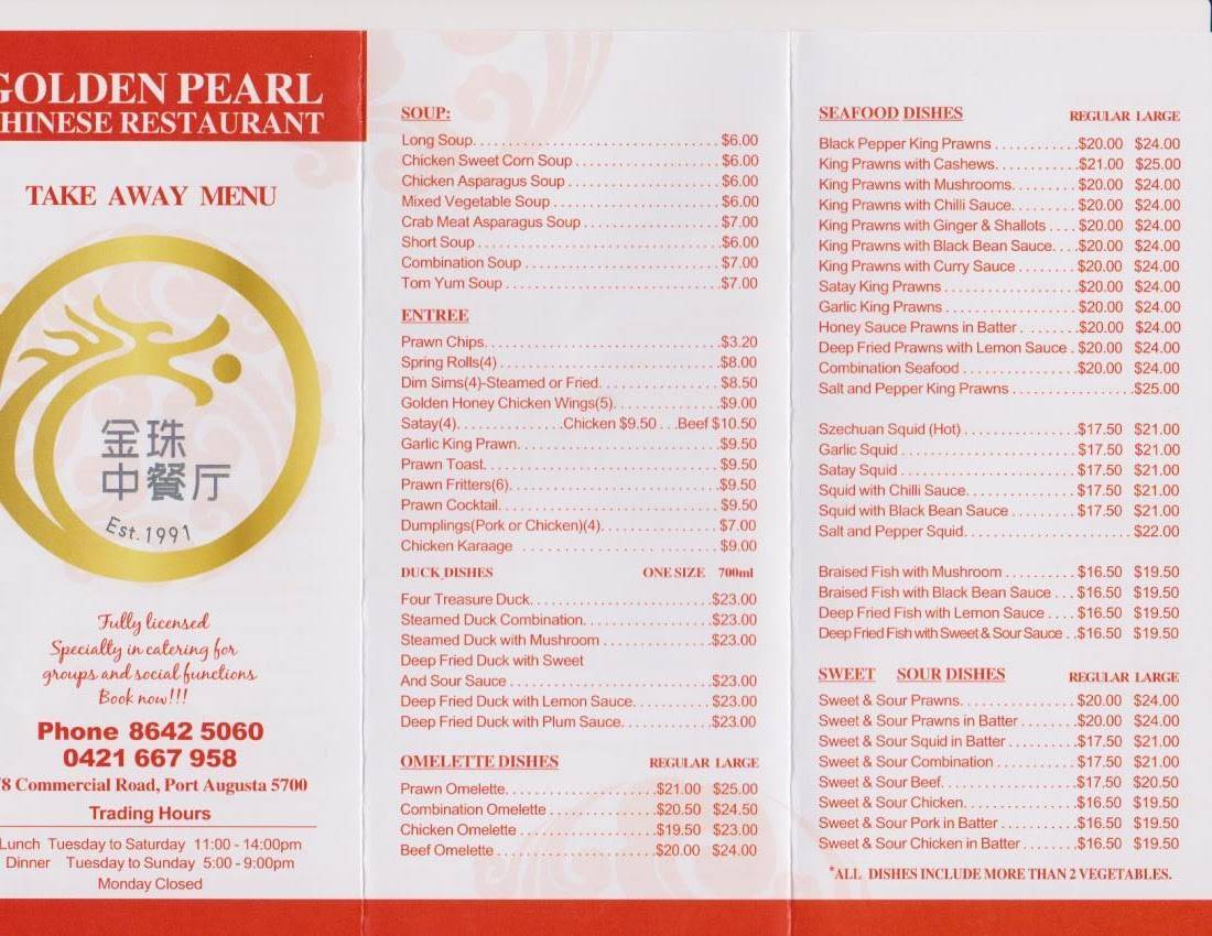 Menu at Golden Pearl Chinese Restaurant and Takeaway, Port Augusta