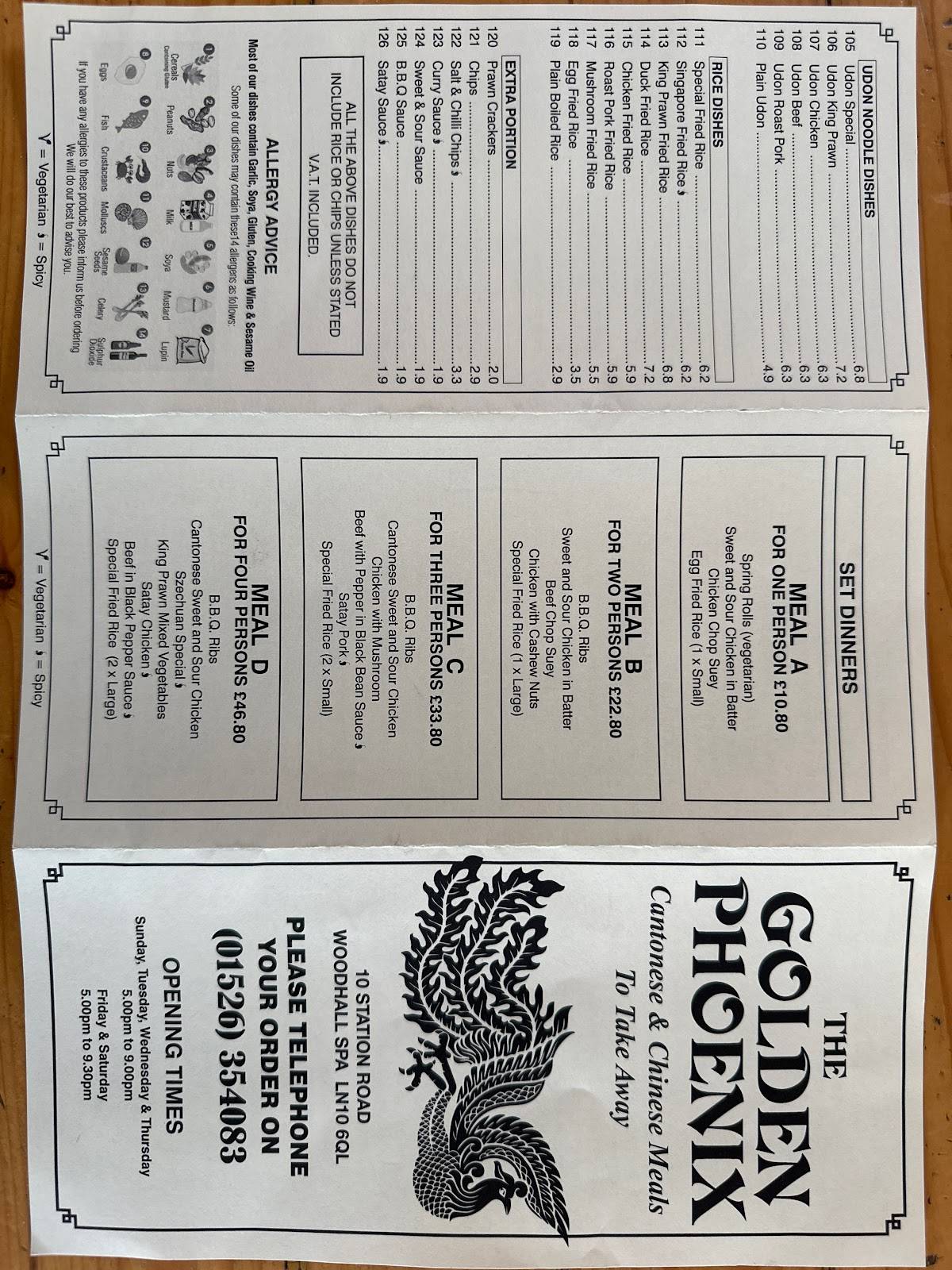 Menu at Golden Phoenix Chinese Takeaway fast food, Woodhall Spa