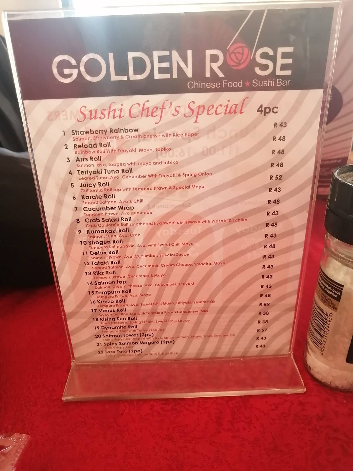 Menu at Golden Rose restaurant, Roodepoort, 107 Lange Ave
