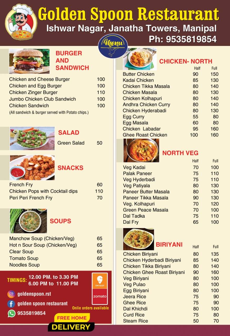 Menu at Golden Spoon Restaurant, Manipal