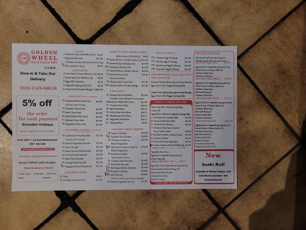 Menu at Golden Wheel Restaurant, Peterborough, Trans-Canada Hwy