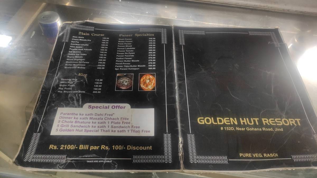 Menu at Golden hut resort, India