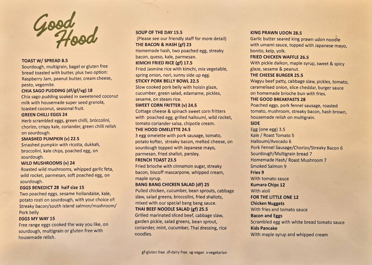 Carta del café Good Hood Eatery, Auckland