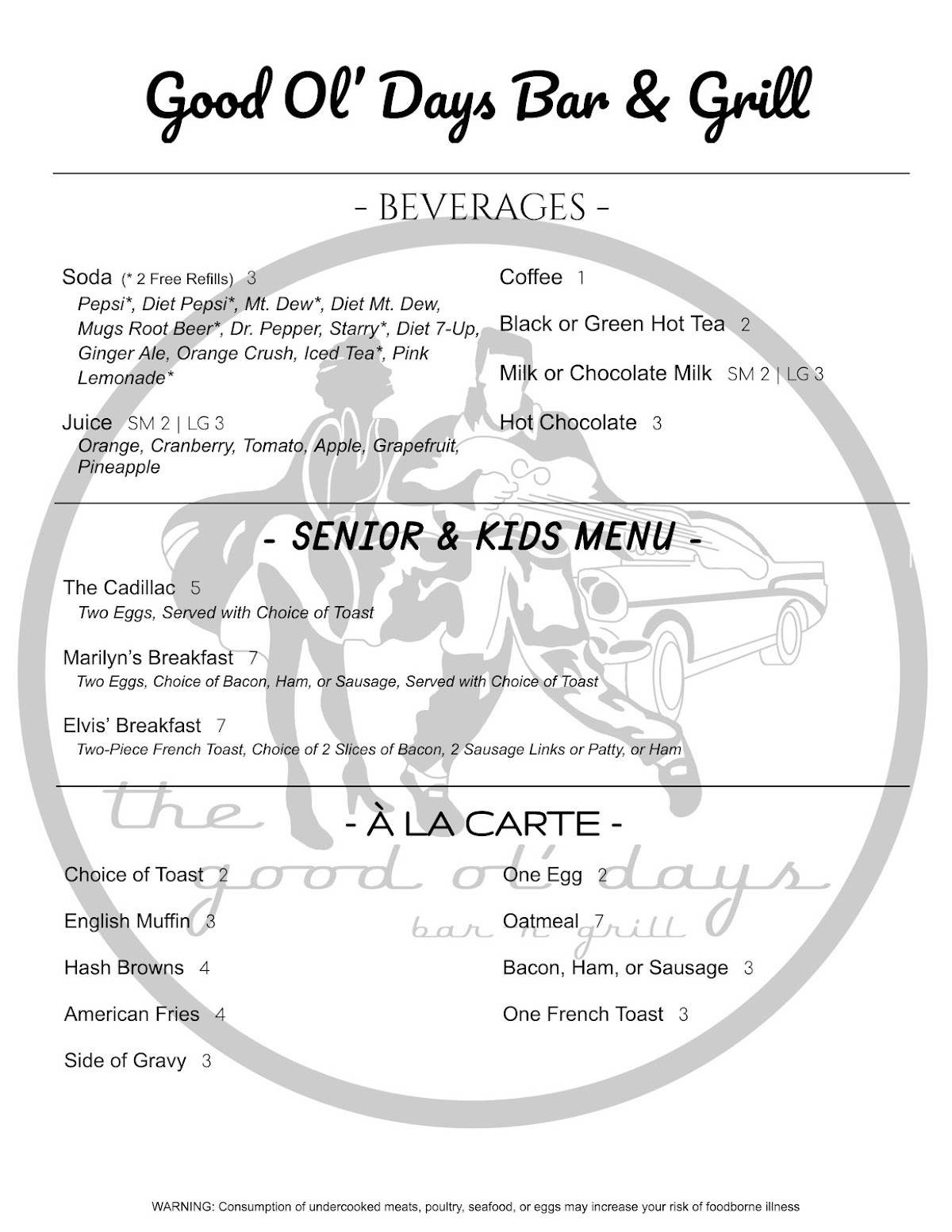Menu at Good Ol' Days Bar & Grill, Tower, 316 Main St