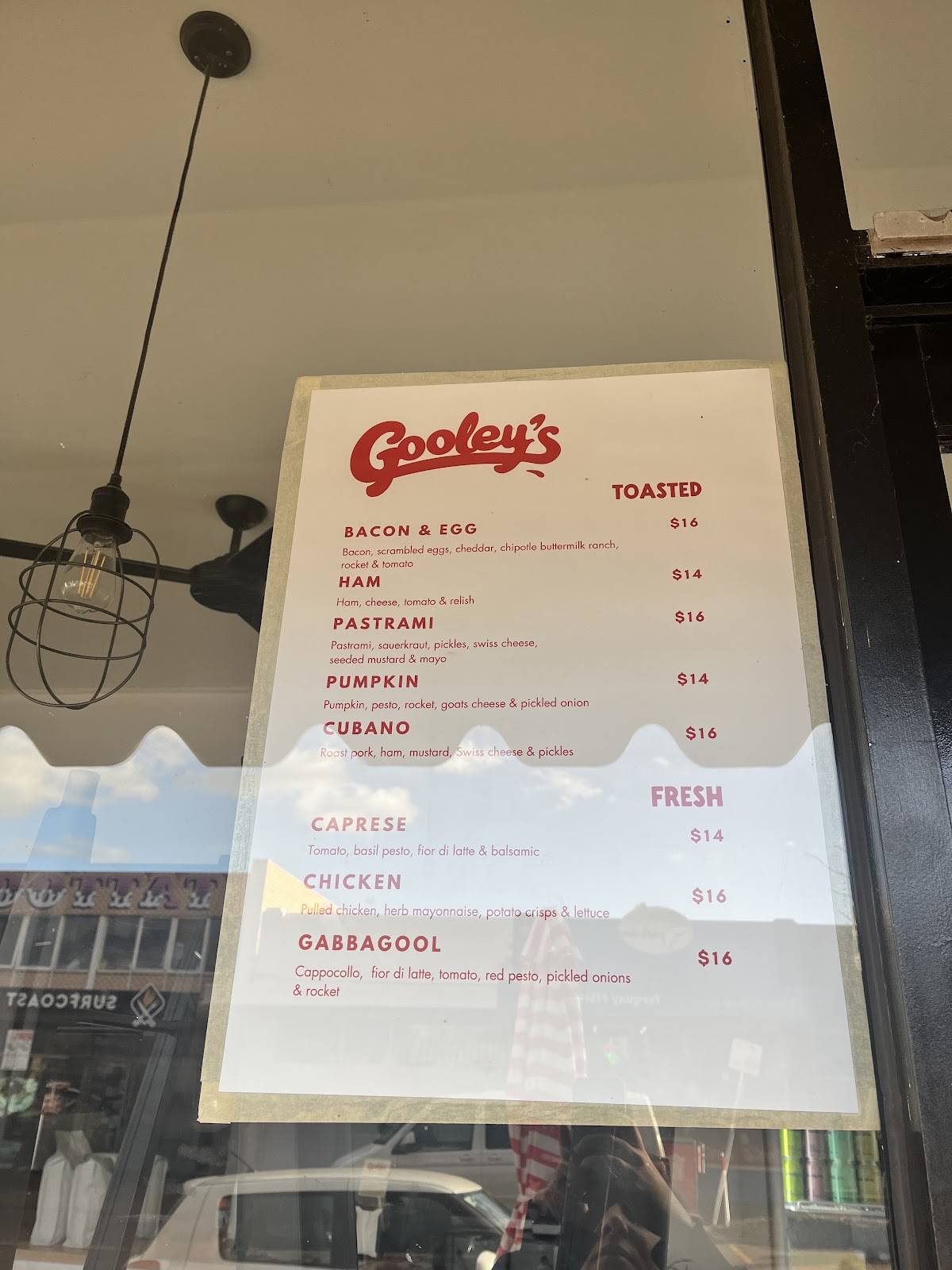 Menu at Gooley’s cafe, Torquay