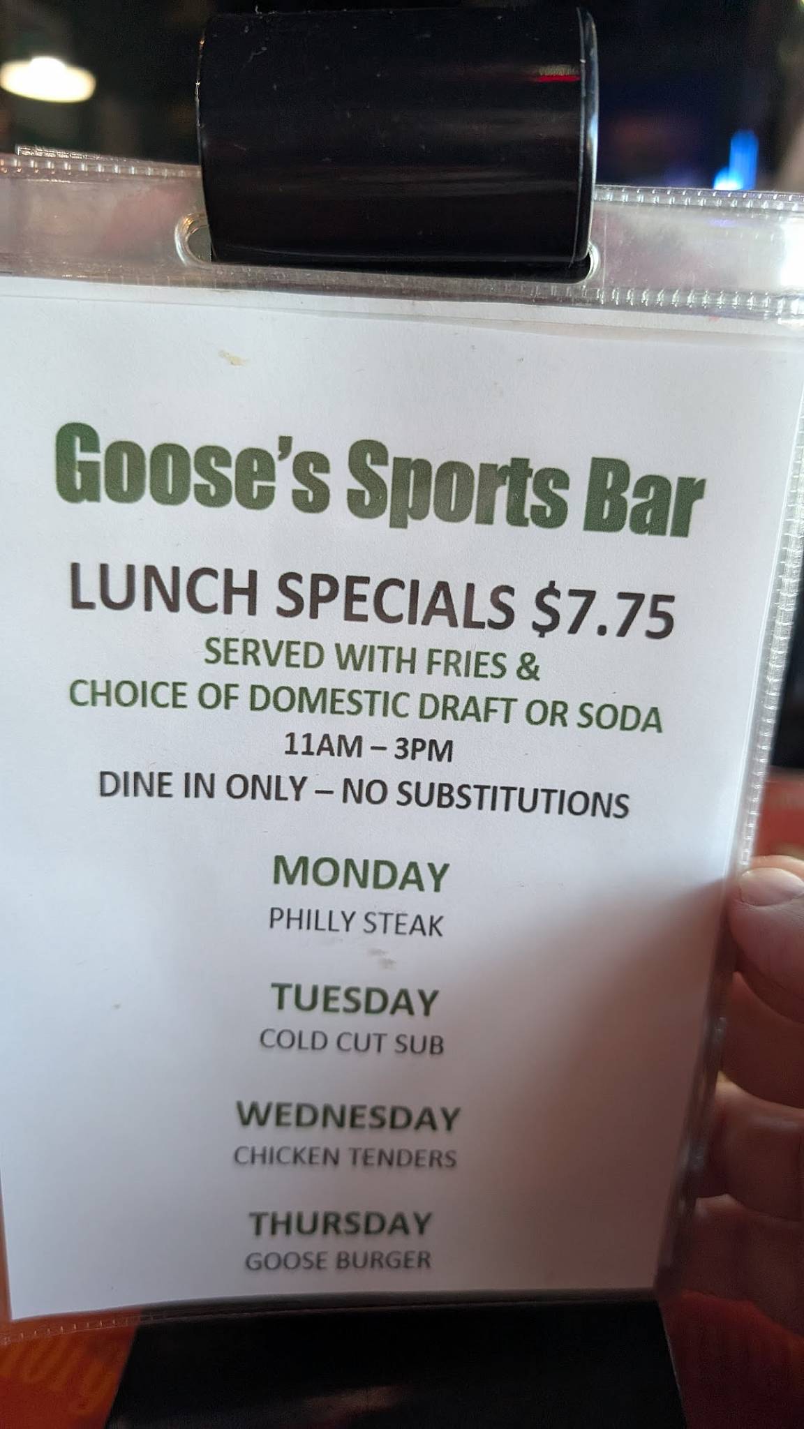Menu at Goose's Sports Bar, Largo