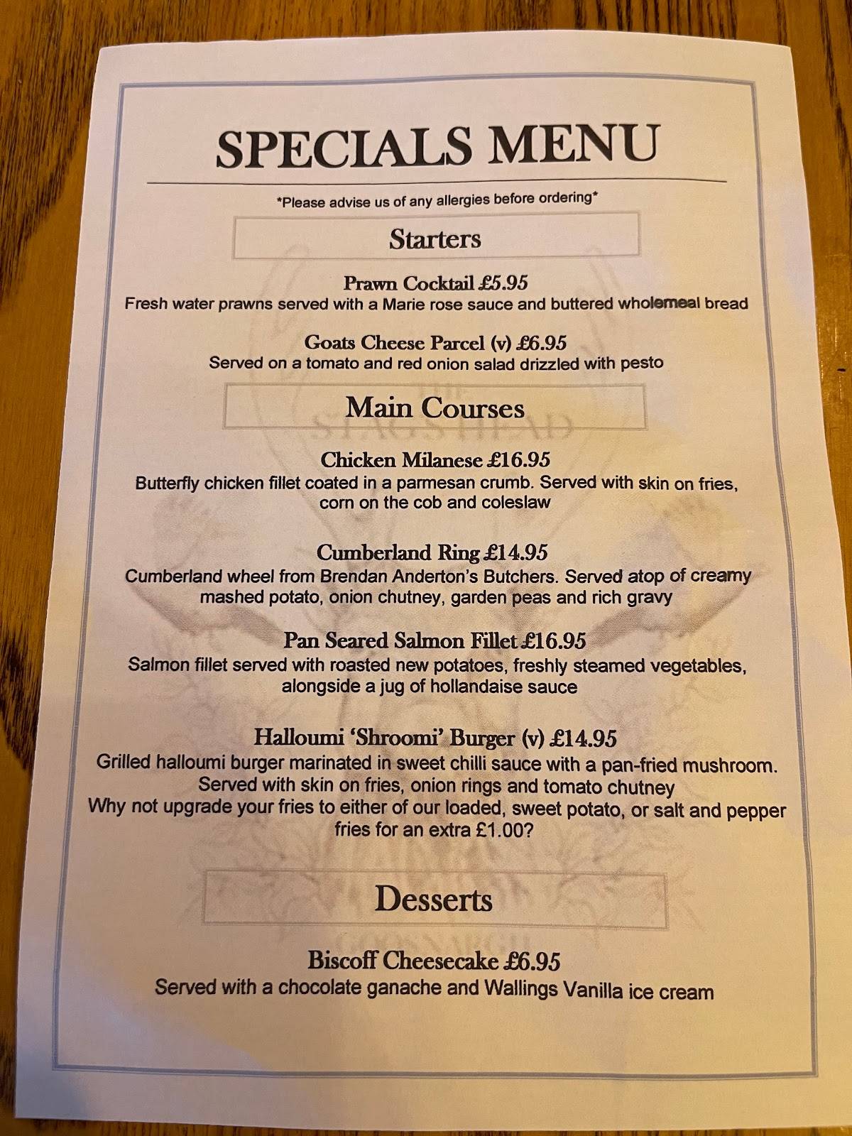 Menu At The Stags Head Pub And Bar Preston