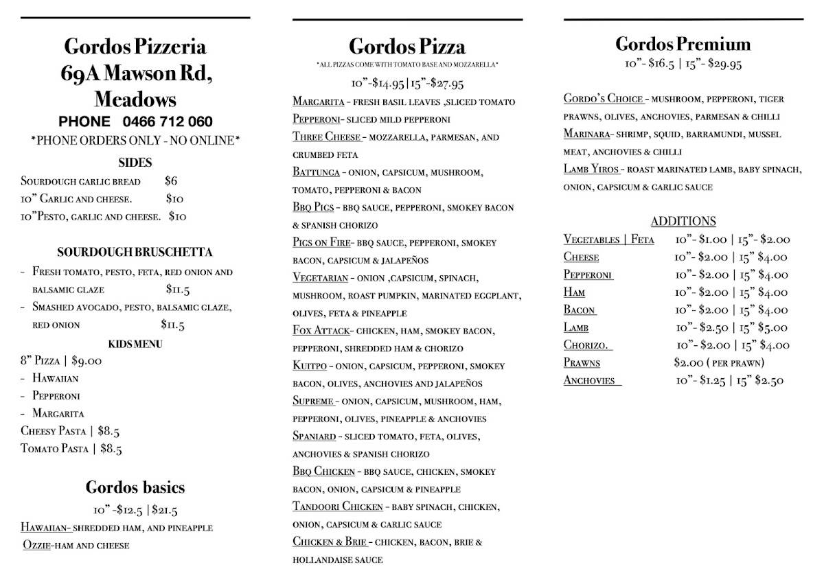 Menu at Gordo's Cafe & Pizzeria, Meadows