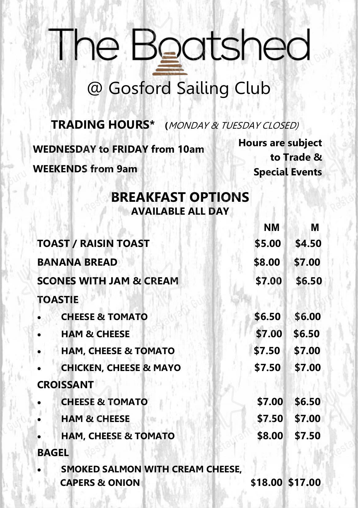 Menu at Gosford Sailing Club, Gosford, 28 Masons Pde