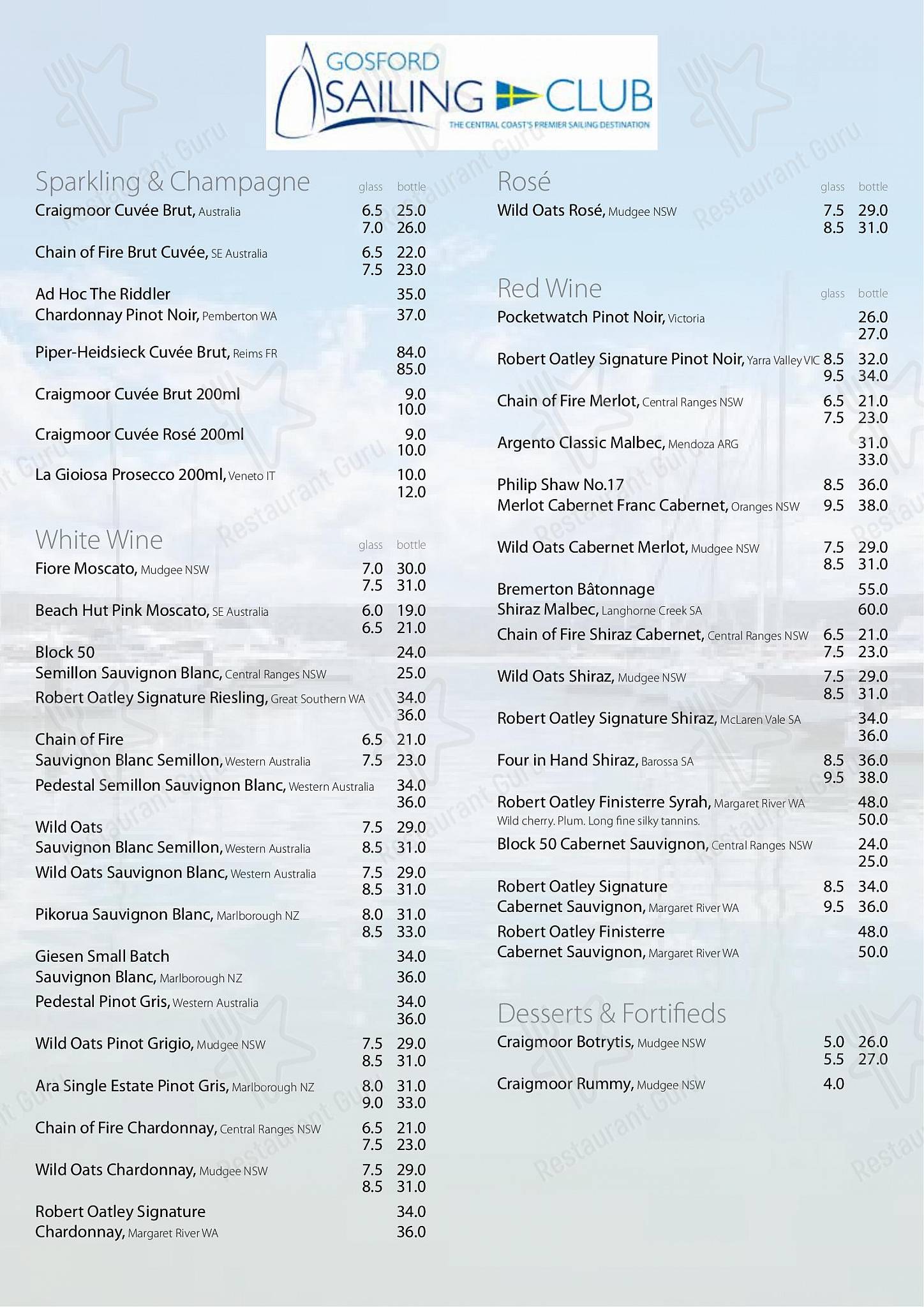 Menu at Gosford Sailing Club, Gosford, 28 Masons Pde