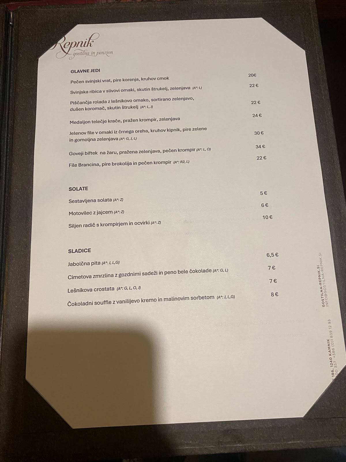 Speisekarte von Gostilna Repnik, Primož Repnik s.p. restaurant, Kamnik