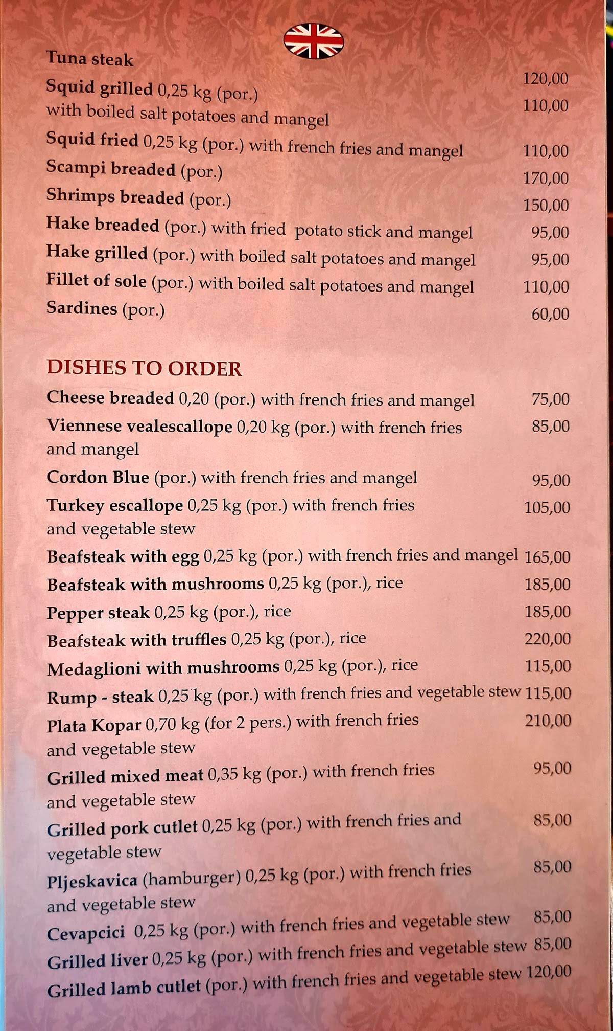 Menu at Gostionica Kopar restaurant, Umag