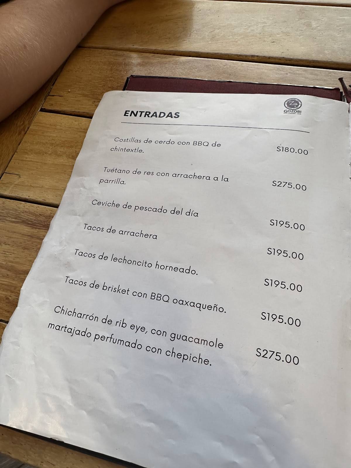 Menu at Gozobi Restaurante Bar, Oaxaca