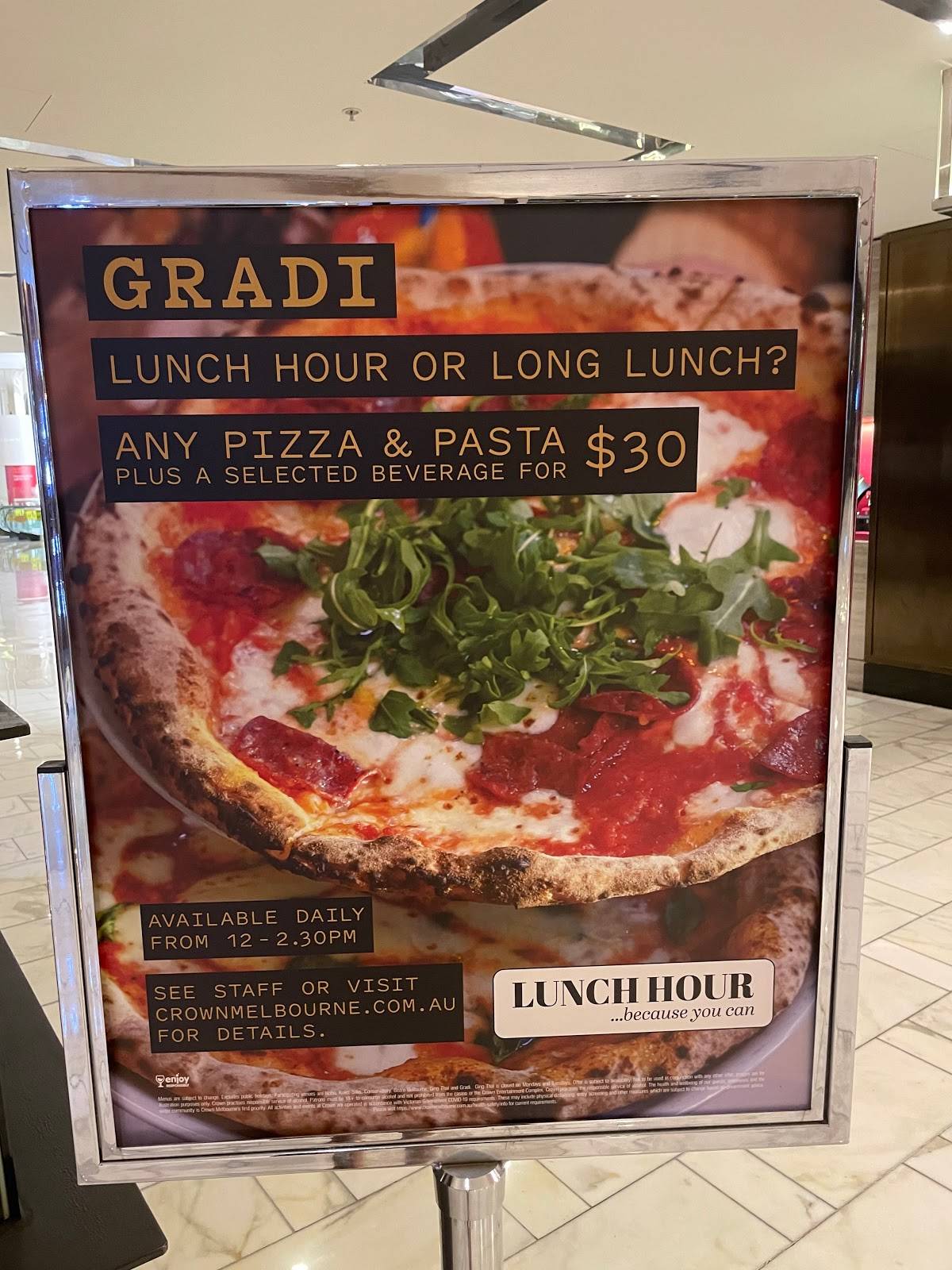 Menu at Gradi at Crown Melbourne pizzeria, Southbank, 8 Whiteman St