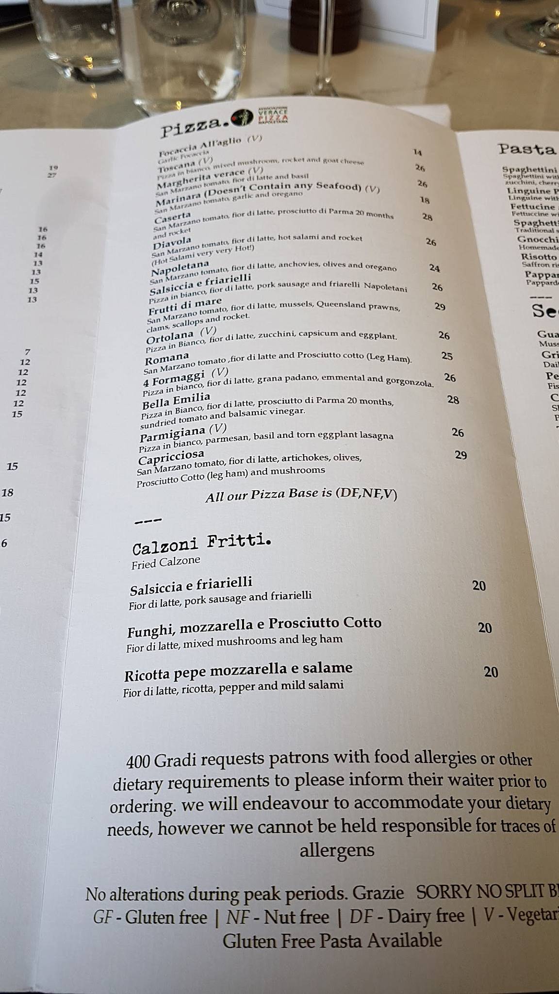 Menu at Gradi at Crown Melbourne pizzeria, Southbank, 8 Whiteman St