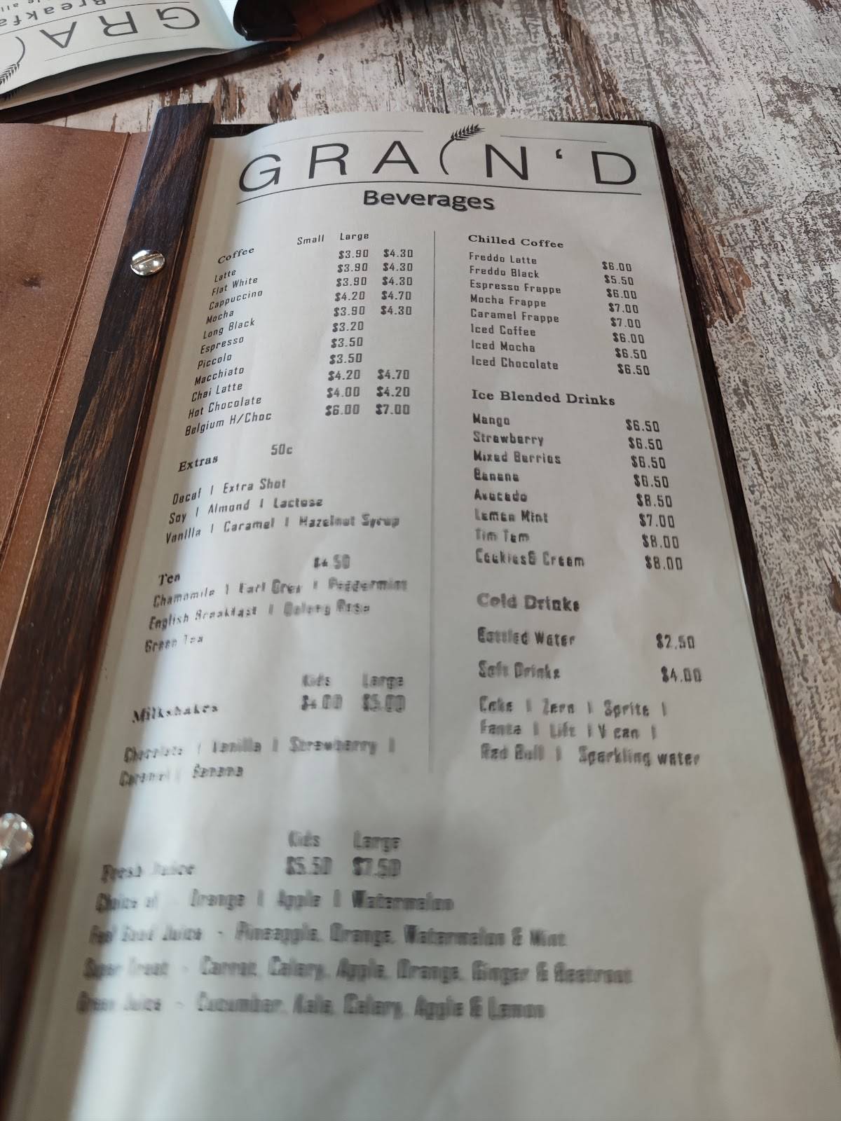Menu at Grain'd Cafe, Revesby