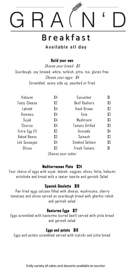 Menu at Grain'd Cafe, Revesby