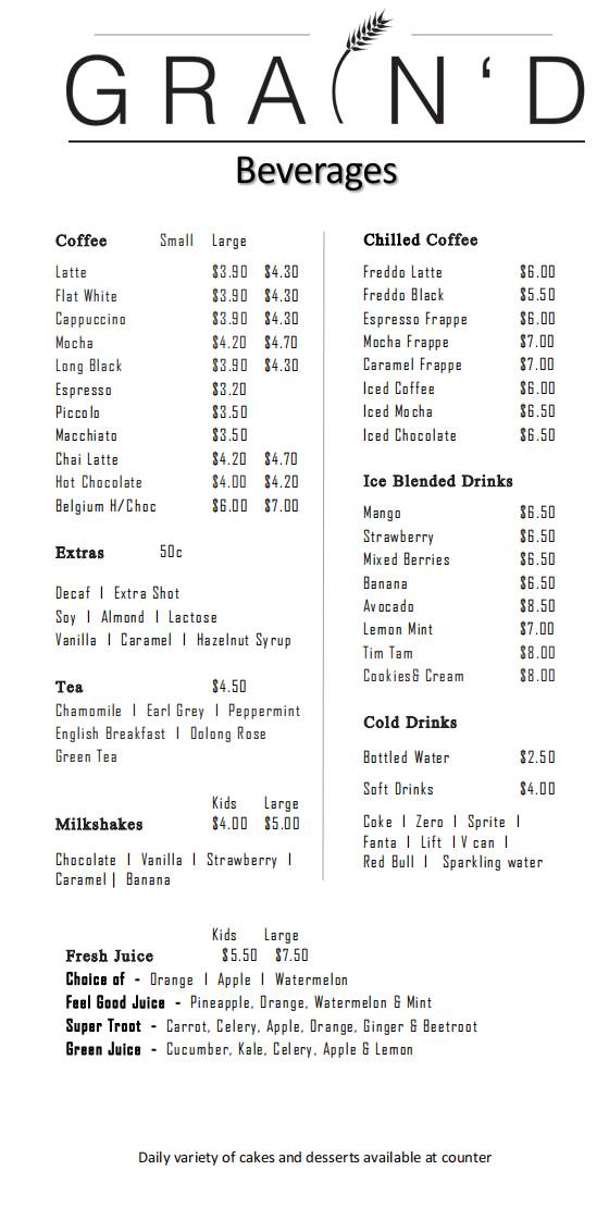 Menu at Grain'd Cafe, Revesby