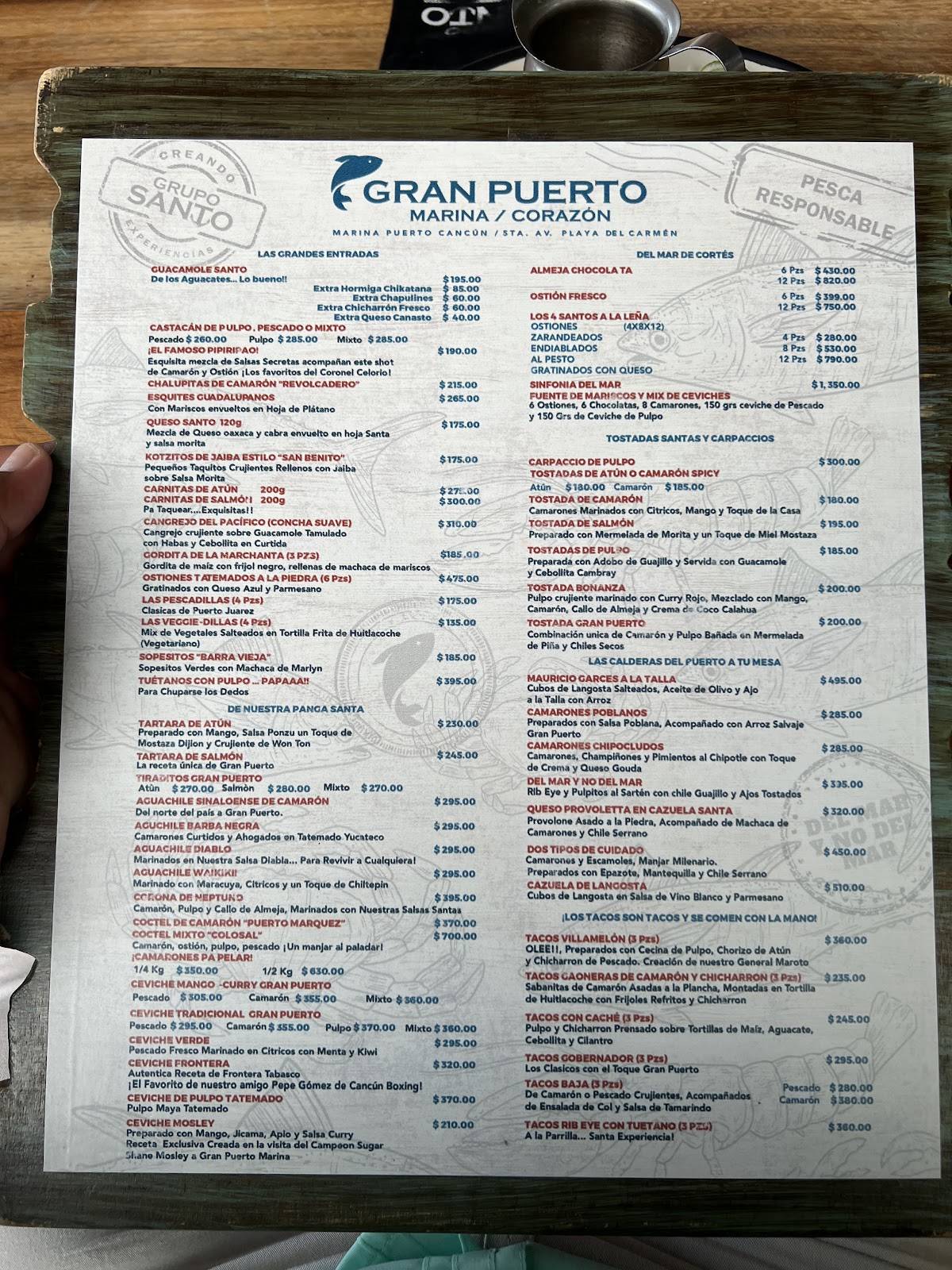 Carta del restaurante Gran Puerto Marina, Cancún