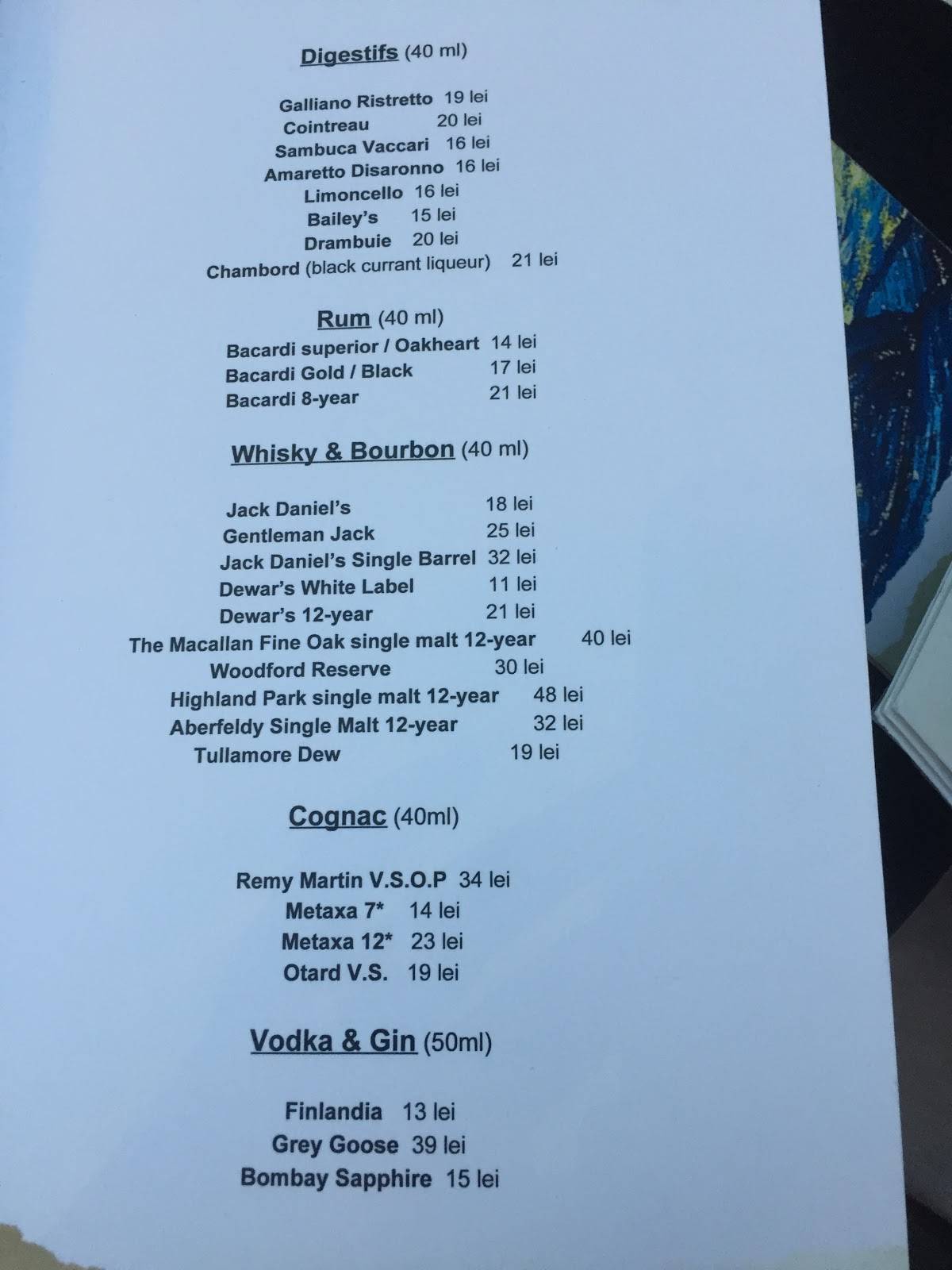 Menu at Grand Café Van Gogh, Bucharest