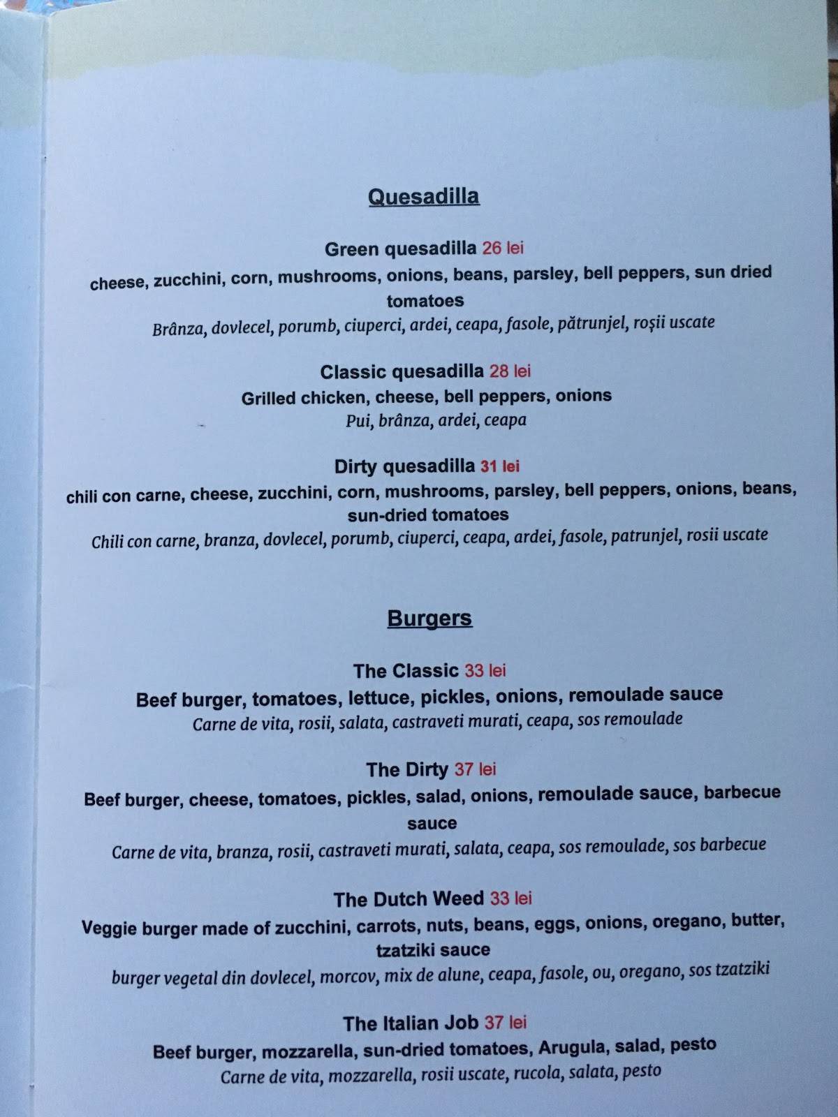 Menu at Grand Café Van Gogh, Bucharest