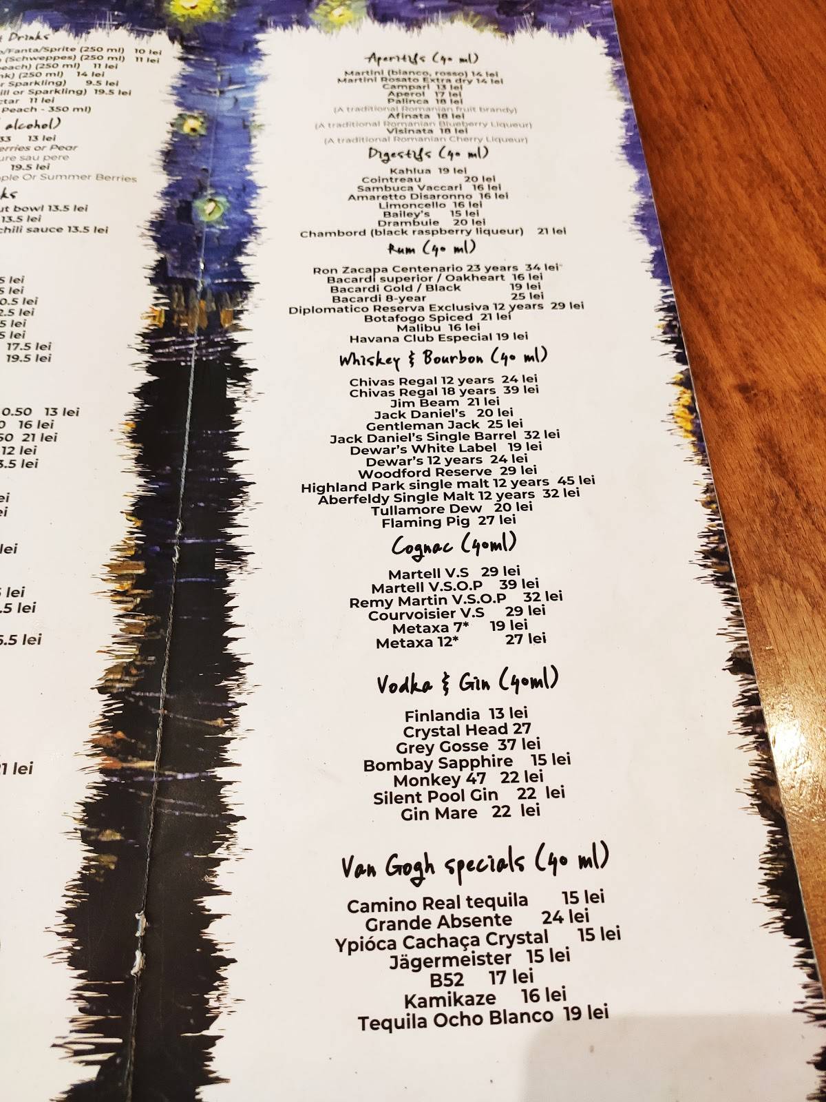 Menu at Grand Café Van Gogh, Bucharest