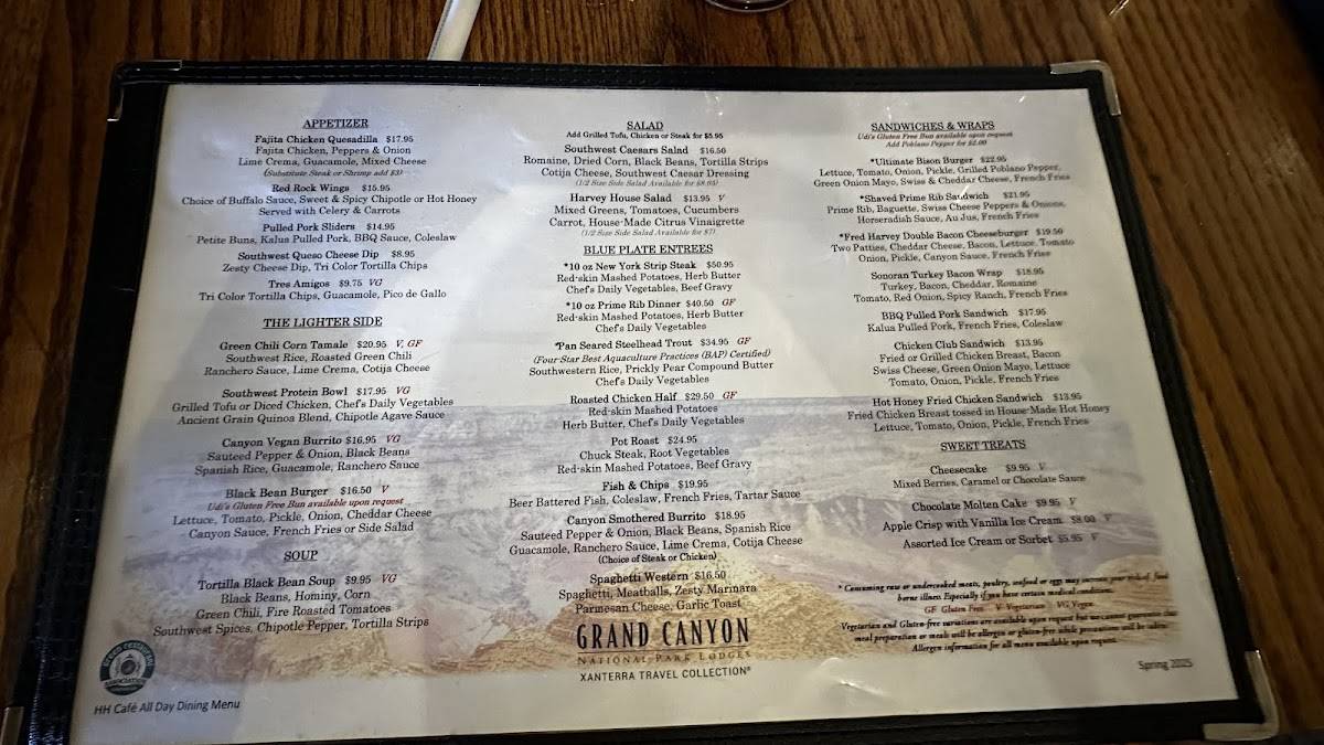 Menu at Harvey House Cafe, Grand Canyon Village