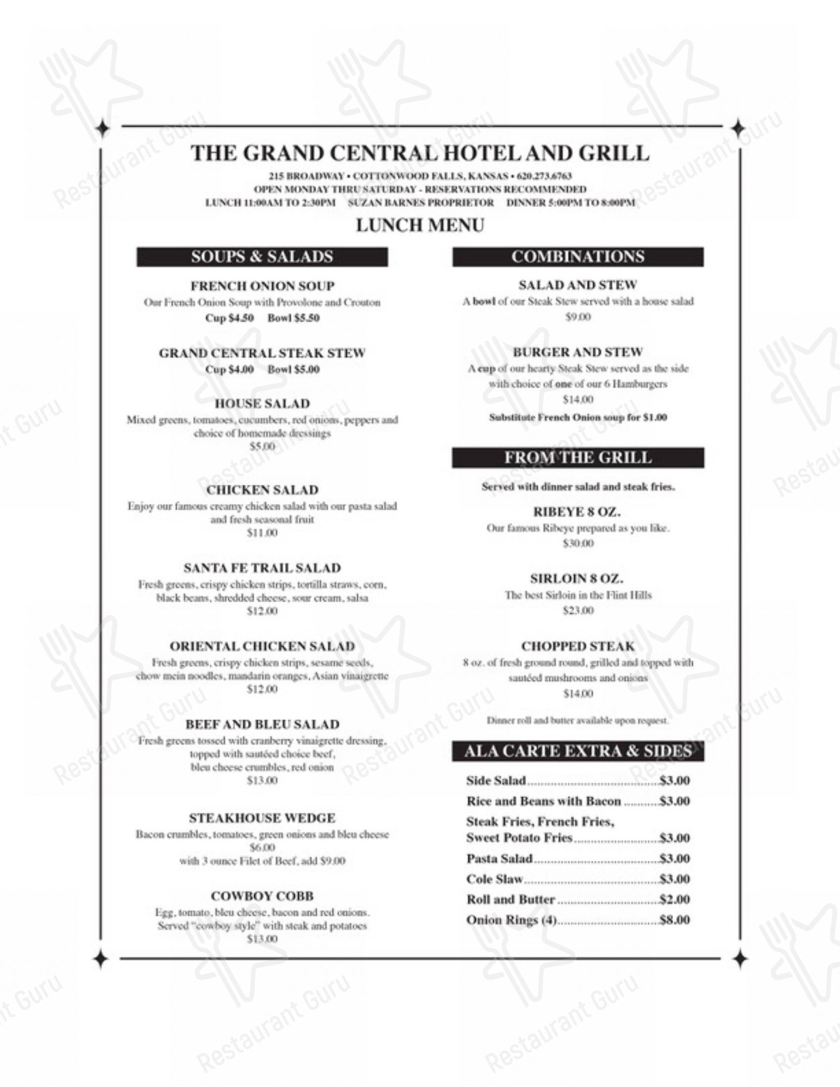 Menu at Grand Central Hotel & Grill steakhouse, Cottonwood Falls