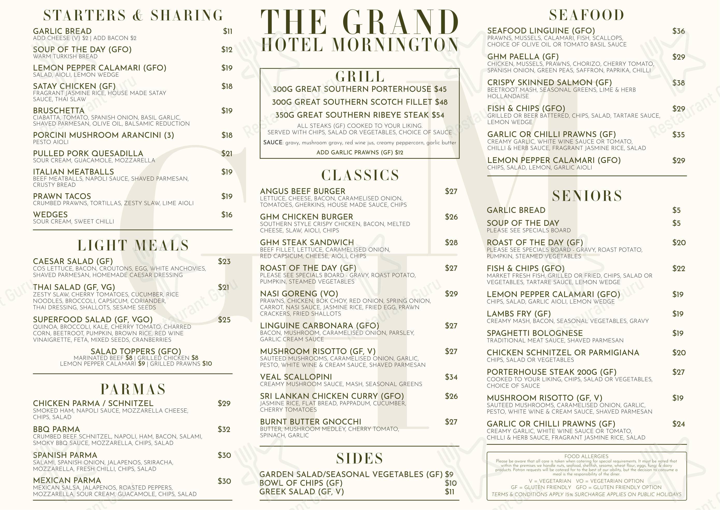 Menu at Grand Hotel Mornington restaurant, Mornington