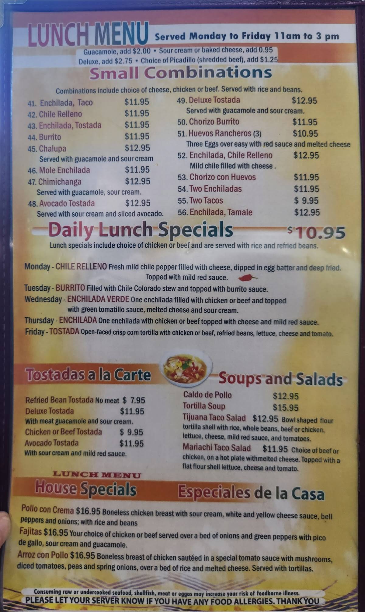 Menu at Mariachi Alegre restaurant, Rochester