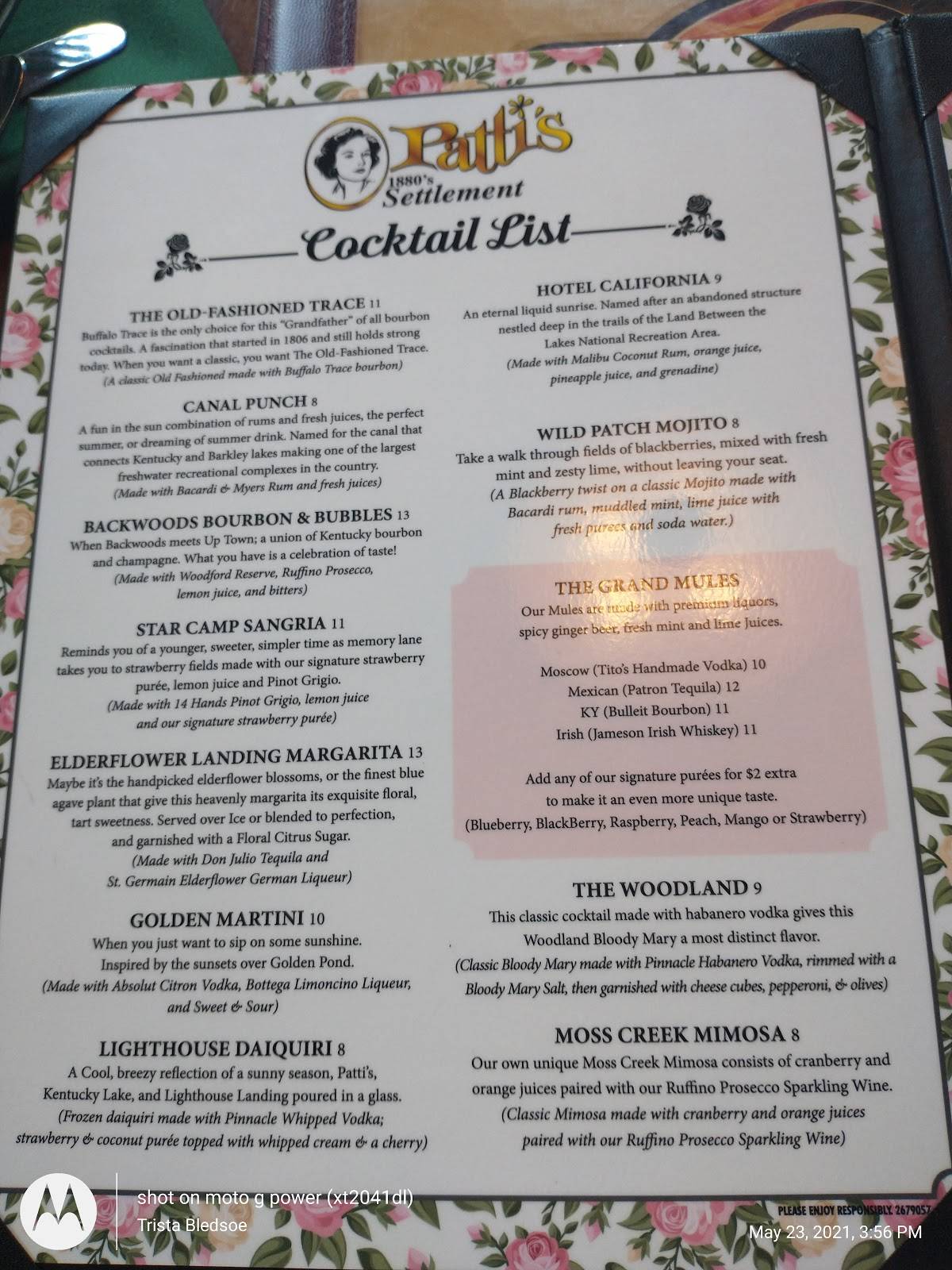 Menu at Patti's 1880's Settlement restaurant, Grand Rivers
